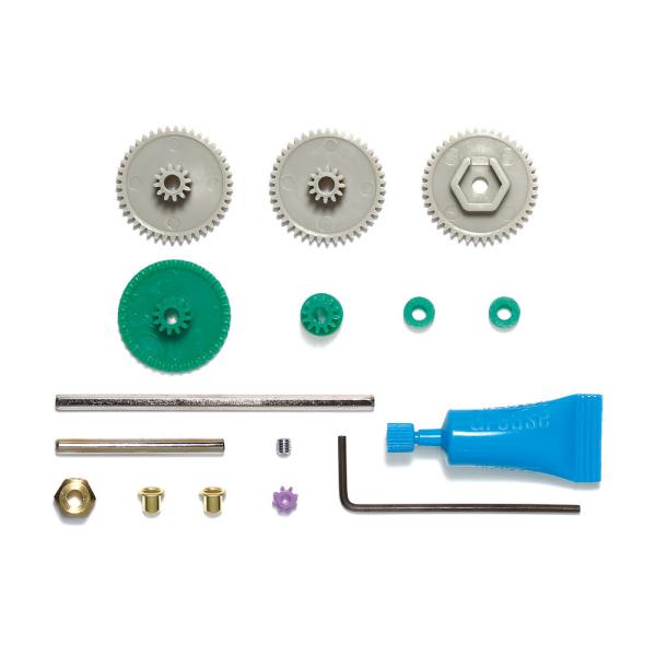 ITEM70093 3速クランクギヤーボックスセットのギヤパーツをピックアップしました。自作のギヤボックスやギヤの拡張など幅広く使え、もちろんスペアパーツとしても便利です。六角ブッシュやシャフトもセットして、オリジナルギヤボックスの製作に役...