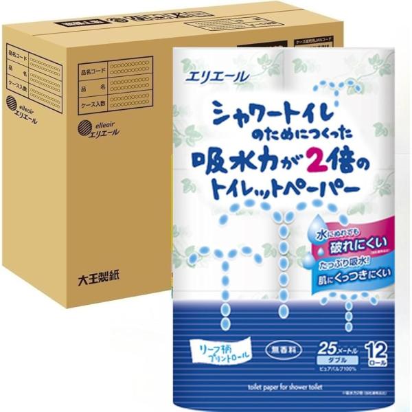 「商品情報」商品紹介●「エリエールシャワートイレのためにつくった吸水力が2倍のトイレットペーパー25m(112シート)12ロールダブル」は、パルプ100%でのトイレットペーパーです。 ●水にぬれた時の丈夫さを向上させ、当社従来品より、破れに...