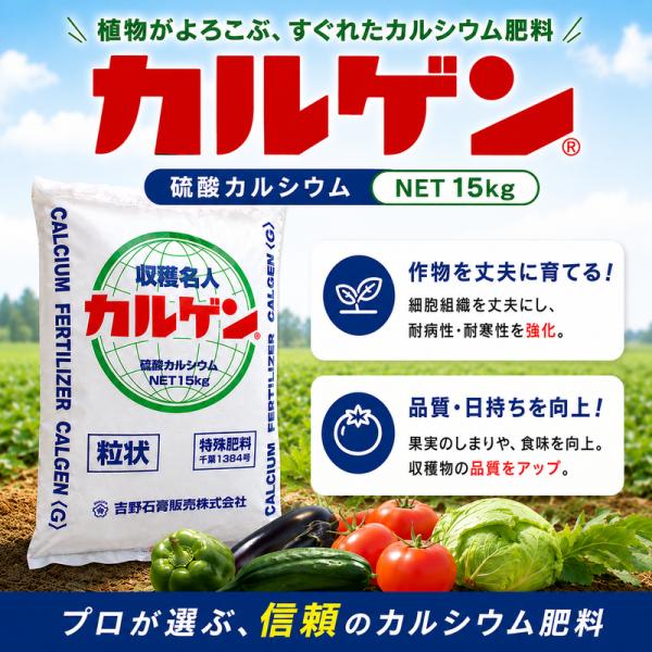 ◆商品の特長◇作物の生育に必要不可欠な要素として現在認められている必須元素は16種類あります。◇そのうち多量必須元素は9種類あり、つまり炭素、酸素、水素、窒素、リン酸、カリ、カルシウム、イオウ、マグネシウムであり、カルゲンはカルシウムとイオ...