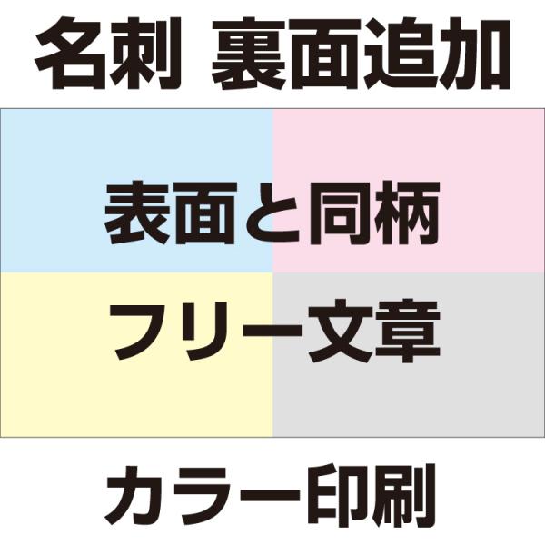 名刺の裏面追加をご希望される場合の商品です。60文字までで表面と同デザインで経歴・資格・簡単なプロフィールなどの自由な文字を入れていただけます。文字組みは当店にお任せください。また、ペット名刺でペットが２匹居る場合の両面印刷にもお使いいただ...