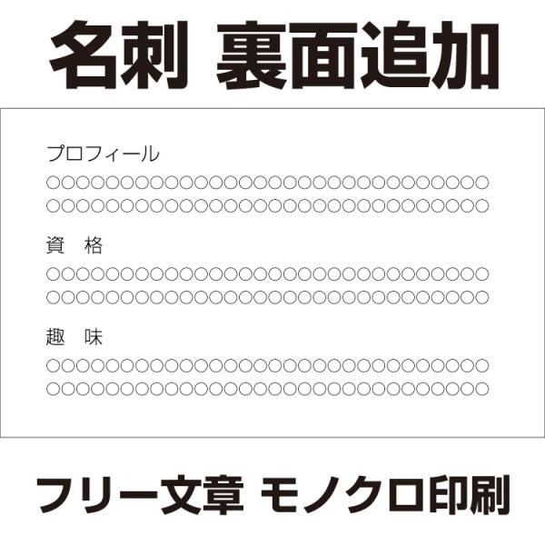 名刺裏面追加をご希望される場合の商品です。60文字までで経歴・資格・簡単なプロフィールなどの自由な文字を入れていただけます。文字組みは当店にお任せください。