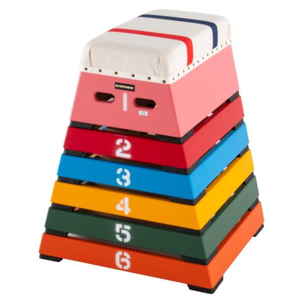 【小学校中学年用】小型とび箱のカラータイプ6段●メーカー：エバニュー●品番：EKF166●6段●重さ：24kg●日本教材備品協会安全基準適合品●サイズ：下幅65（上幅30）cm×奥行60cm×高さ80cm●指導ライン入り●材質：木製（防虫加...