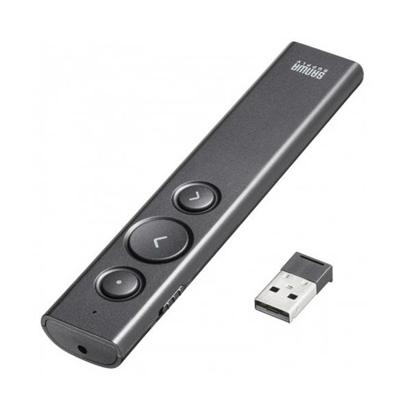 メーカー：サンワサプライ　品番：LP-RF116BK　USB充電式のパワーポインター。NEXT/BACKキーを搭載。大型ボタンで操作しやすい。　