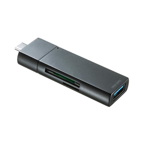 メーカー：サンワサプライ　 品番：ADR-3TCMS7BKN  USB Type-CとUSB Aの変換アダプタとしても使えるSDカードリーダー。USB Aポート付き。　　＜裏面＞スライドキャップ付。
