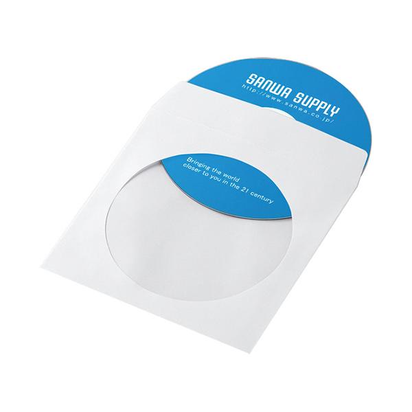 メーカー：サンワサプライ　 品番：FCD-PS50WN  余白部分に手軽にペンで書き込める紙製のDVD・CDスリーブケース　　＜パッケージ＞＜フラップを固定できる切込み付＞