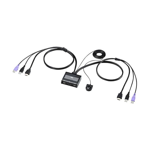 メーカー：サンワサプライ　品番：SW-KVM2WHU　HDMIディスプレイ・USBキーボード・USBマウスに対応、手元切替スイッチで簡単に切り替えできるコンパクトなケーブルタイプKVM　