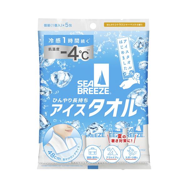 メーカー：ファイントゥデイ　 品番：424769  1枚で顔にも身体にも使え、肌温度-4℃、冷却効果1時間持続のアイスタオル。　　＜パッケージ裏面＞＜個包装＞
