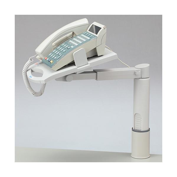 メーカー：アスカ　 品番：TS7053  引寄せ・高さ調節が可能なテレフォンアーム　　＜テレフォンアーム取付部＞絡まったり、引っかかったりしないよう配線コード用のフック付。高さは＋48mm、手前に＋195mmで調節可能。＜使用イメージ＞