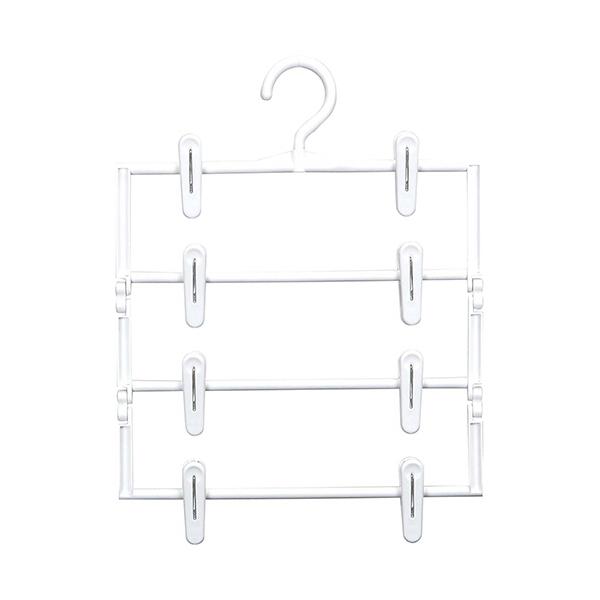 メーカー：サワフジ　 品番：SS-04 SW  スカート、ズボンをまとめて収納。4段ハンガー。　　＜パッケージ＞スカート4枚を1枚分のスペースで、効率よく収納できる。＜使用イメージ＞＜使用イメージ＞