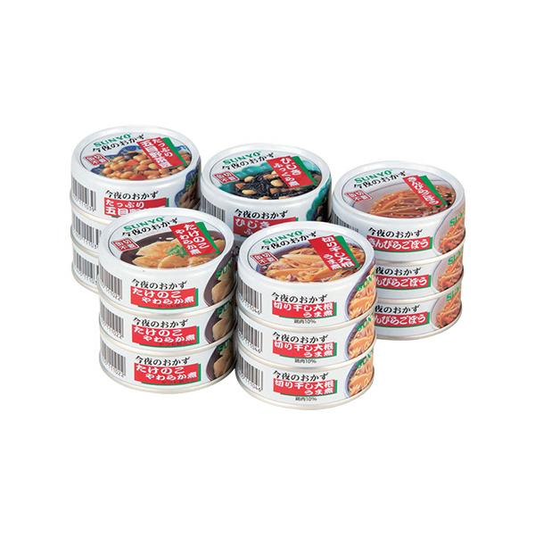 メーカー：ファミリー・ライフ　品番：a23655　非常食に便利な5種の煮物惣菜缶詰　※非常時などは、ご納品に1カ月以上かかる場合がございます。