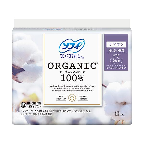 メーカー：ユニ・チャーム 　品番：356201   生理中の敏感肌に、自然で優しい肌ざわり。オーガニックコットン100％。　　デリケートゾーンが触れる面の上層に100％オーガニックコットンを使用。