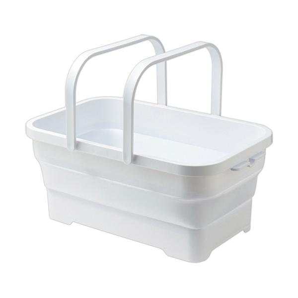 メーカー：伊勢藤 　品番：I-581W   折りたたみバスケットハンドル付き。使用後は折りたたんでコンパクトに収納。　　＜折りたたみ時＞＜便利な水抜き栓付＞＜水切りもラクラク＞＜フック穴にヒモを通せば壁掛けも可能＞