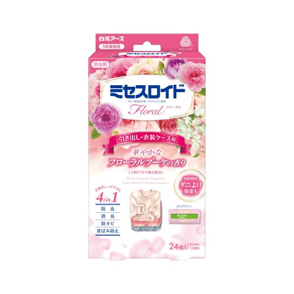 メーカー：白元アース　 品番：12646-0  洗いたてのようなやさしい香りのする防虫剤。4つの機能付（※防虫・消臭・防カビ・黄ばみ防止）　　＜パッケージ裏面＞