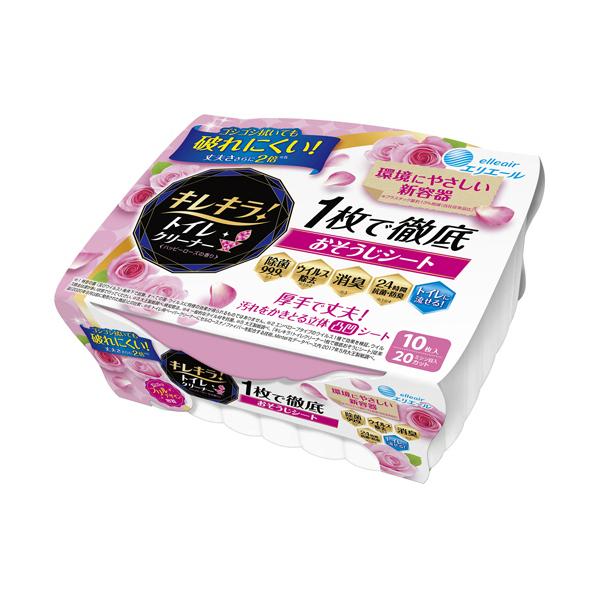 メーカー：大王製紙   品番：Eキレキラトイレホ10ロ-ス   厚手で丈夫だから、フチ裏20回こすってもへこたれない。極細「ナノ繊維」配合で丈夫なシート！1枚で徹底おそうじ！