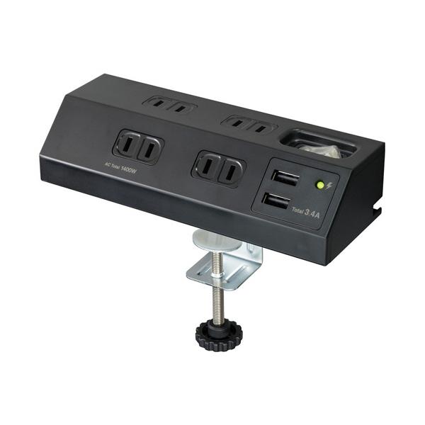 メーカー：ＥＬＰＡ　 品番：WLS-DS4232SUA(BK)  壁際にピッタリ設置可能なUSBポート付AC4個口タップ。取外し可能なクランプ付。　　＜パッケージ＞底面とクランプにキズ防止用のマット付。電源をまとめて入切できる集中スイッチ付。