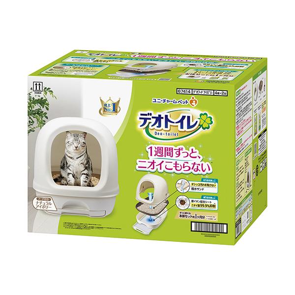 メーカー：ユニ・チャーム　 品番：3482403  1週間ずっと、ニオイこもらない。フード付き猫用システムトイレです。　　＜パッケージ記載＞
