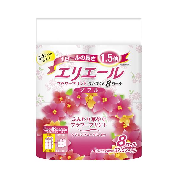 メーカー：大王製紙　品番：エリエフラワCP8R13　エリエールのコンパクト（ロング）タイプ。フラワーのプリント入。