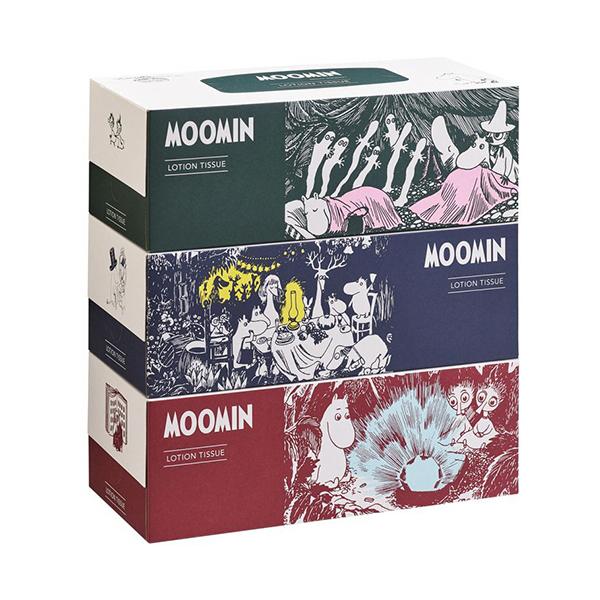 メーカー：河野製紙　 品番：730358  インテリアに馴染むクラシカルなムーミンデザインのしっとりやわらかな保湿ボックスティシュ。　　＜パッケージイメージ＞＜イメージ＞