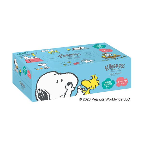 メーカー：日本製紙クレシア 　品番：48328   人気のスヌーピーデザイン！しっとりやわらかな使いごこちの保湿ティシュー。　　＜正面＞＜側面＞