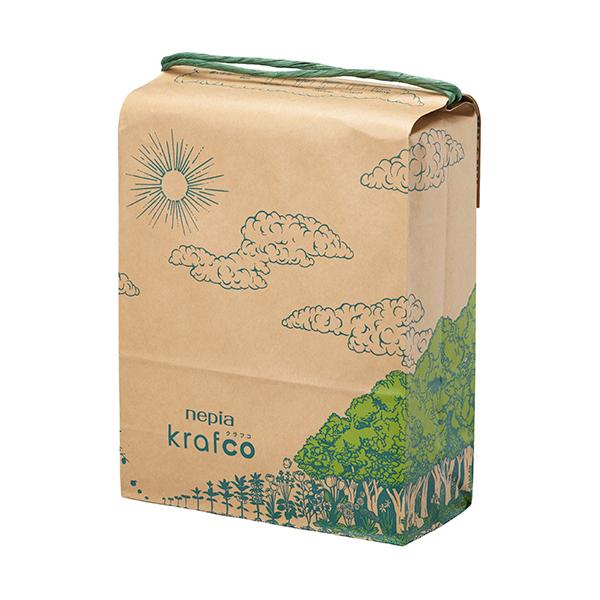 メーカー：王子ネピア 　品番：613543   脱プラスチック・ゴミ削減につながるクラフト包装のティッシュ　　クラフト紙からそのままティシュが取り出せる。全て紙のクラフト包装型。