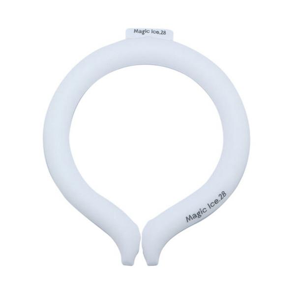メーカー：タイキ　 品番：037223MW  NASAが開発した素材（PCM素材）のマジックアイス！首に装着するだけで暑い日でも28℃をキープ！　　＜パッケージ＞＜使用イメージ＞<br>※商品の色はホワイトになります。