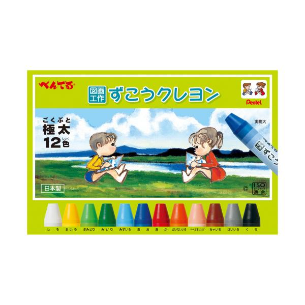 メーカー：ぺんてる 　品番：PTCG1-12   折れにくい極太タイプ。紙以外のものにも描けます。　　引っかき絵ではパスは色が混ざりやすくクレヨンは重ね塗りできてきれい。はじき絵ではパスよりクレヨンのほうが水彩絵の具をはじきます。牛乳パック...