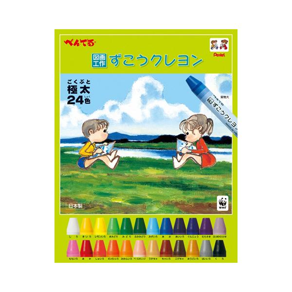 メーカー：ぺんてる 　品番：PTCG1-24   折れにくい極太タイプ。紙以外のものにも描けます。　　引っかき絵ではパスは色が混ざりやすくクレヨンは重ね塗りできてきれい。はじき絵ではパスよりクレヨンのほうが水彩絵の具をはじきます。牛乳パック...