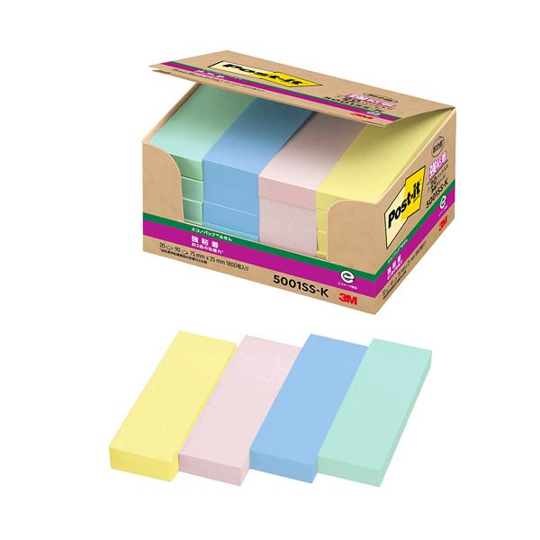 メーカー：３Ｍ 　品番：5001SS-K   パソコンや電話、キャビネットなどの樹脂面や垂直面にもしっかり貼れて、はがれにくい強粘着タイプ。パステルカラーのふせんサイズ。　　＜寸法図＞＜使用イメージ＞