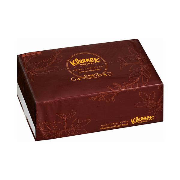 メーカー：日本製紙クレシア 　品番：デグランデ100   厚手でしなやかな不織布ハンドタオル　　＜パッケージ底面＞＜使用イメージ＞