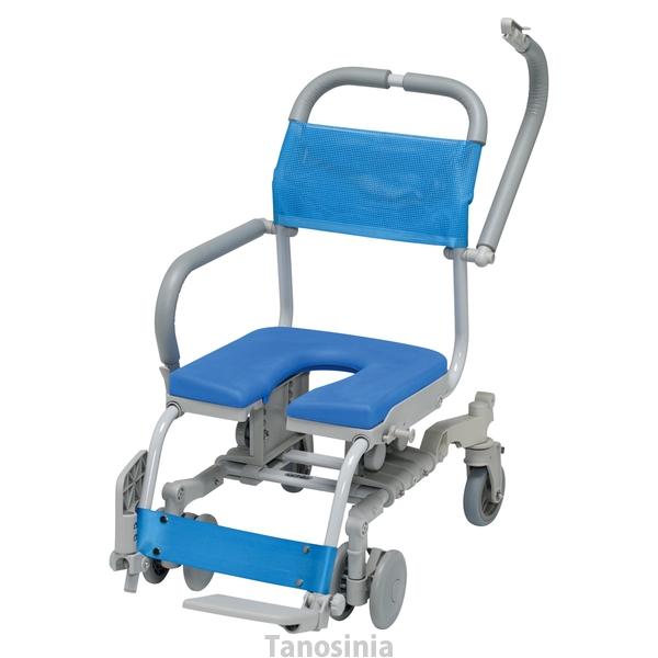 シャワーキャリー シャワーラク 4輪自在 ウチヱ の解説・狭いスペースでもラクラク小回りがききます。・医療・介護施設・病院向け・使用したい座面の高さに合わせることが可能・フットレストが脱着でき取り回しがしやすい・フットレストは３段階の高さ調...