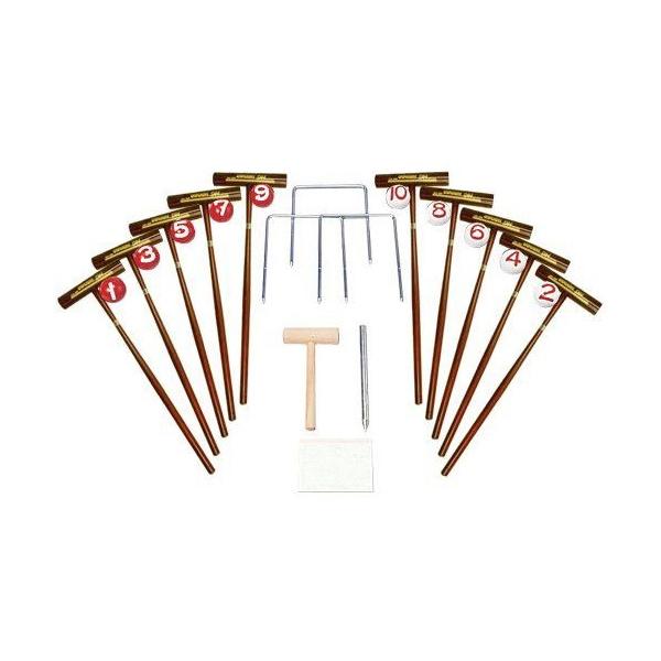 【ゲートボール 普及用10人用セット SH-014 HONGOの仕様】・普及用にどうぞ！●内容/　SH-1104　スティック　10本　　シャフト：木製　ヘッド：堅木　SH-205S　公認球1〜10番　1セット　SH-211　ゲート　3本　S...