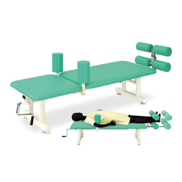 高田ベッド 牽引クランク治療台 TB-556の解説○脚部の簡易な牽引を行なえる医療機器の許可を受けた手動式訓練台○長さ2cm間隔16段階ストッパー式調整機能付きの安全な脚部固定○回転操作で長さ調節できる簡単設計。邪魔にならない収納ハンドル○...