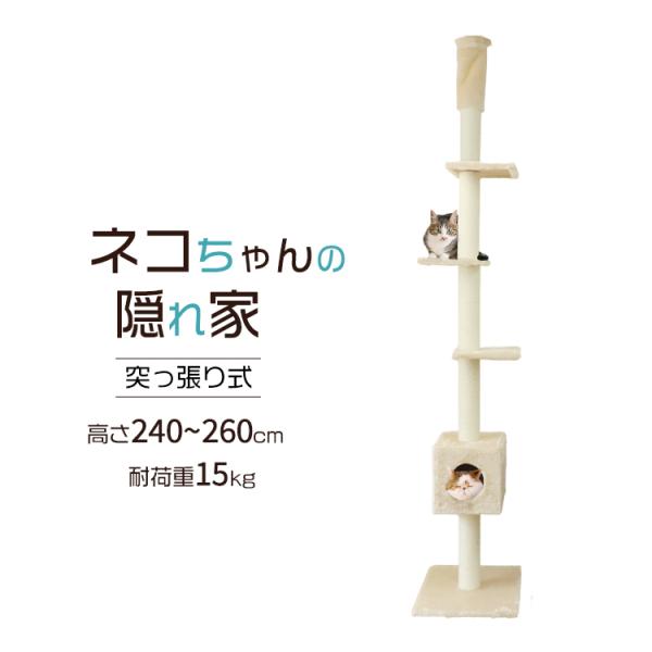 [送料無料]上下運動でストレス解消！長ーく使えるキャットタワー☆愛猫の爪とぎや寝場所、運動不足解消やストレス解消におすすめ。平らな所であればどこでも自由に設置できます。高さは240〜260cmへ調節可能です。【仕様】サイズ(約)：幅56×奥...