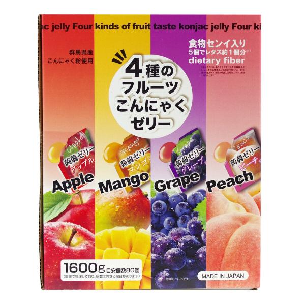 【商品の特徴】 4種のフルーツミックス グレープ・ピーチ・アップル・マンゴー味です。 5個でレタス約1個分の食物繊維がとれます。 1個にコラーゲン55mg配合しています。 群馬県産こんにゃく粉を使用しています。 【商品の詳細】 日本一の生産...