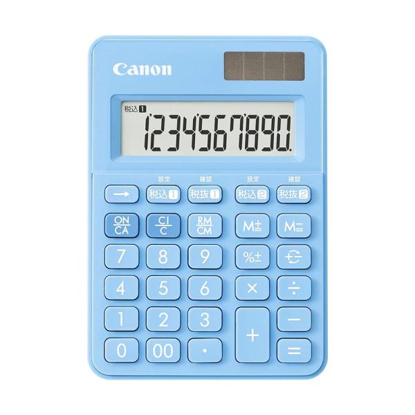 canon キヤノン カラフル電卓 10桁 アクアブルー ミニミニ卓上サイズ W税機能搭載 LS-100WT-AB■仕様表示桁数：10桁電源：太陽電池＋アルカリ電池（LR44）質量（電池含む）：74g寸法（幅×奥行×厚さ）：約 83×118...