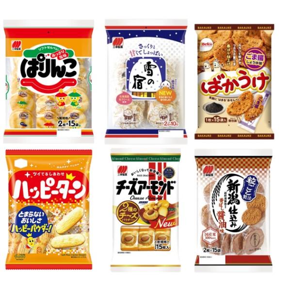 お菓子の詰め合わせ (チーズアーモンド、新潟仕込み、ハッピーターン、雪の宿、ぱりんこ、ばかうけ) 計6個セットになります。