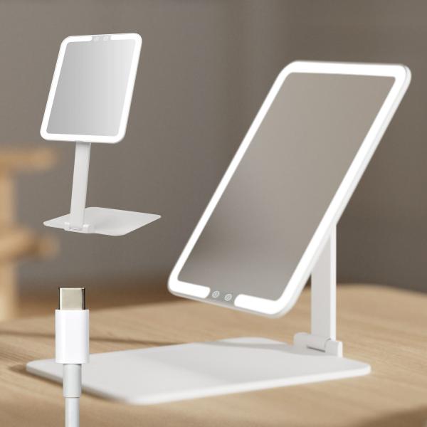 【かわいい・多機能】コンパクトで普段使いでご利用頂けるＬＥＤライト付きの３Way 卓上ミラーです。明るさ無段階調光 ３光色（昼光食／昼白色／電球色）、リチウムイオンバッテリー、コンパクトを楽しくご利用頂ける機能を搭載しました。【明るさ抜群】...