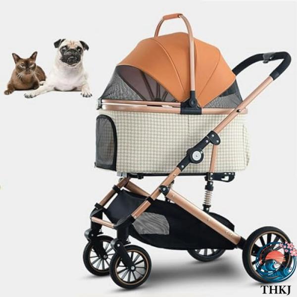 説明     3-in-1 ペット用ベビーカー with 取り外し可能なキャリアと収納バスケット - 折りたたみ式プレミアム 4 輪トラベルベビーカー for 子犬 犬 子猫, オレンジ色 犬用ベビーカー、ワンボタン収納：わずかワンステップ...