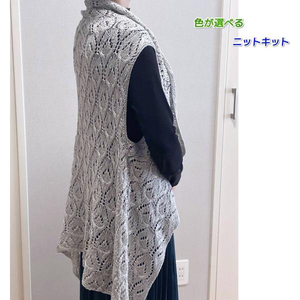 ●毛糸とテキストのみのキット販売です夏は涼しく、冬は暖かい素材のシルクで光沢の美しいワンランク上のベストはいかが？絹１００％のザ・シルクで編むジレのニットキット（手編みキット）無料編み図付きです形はまっすぐの透かし模様で、袖あきが２ヶ所ある...