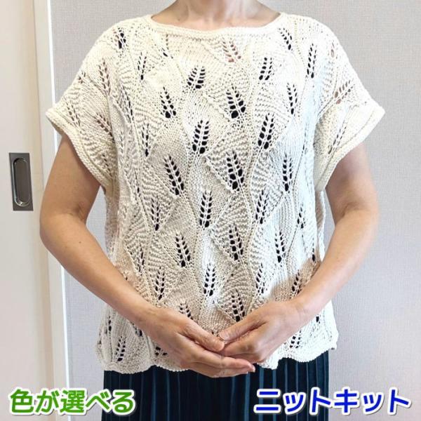 ●毛糸とテキストのみのキット販売ですＳＤＧｓな毛糸・カポックコットンで編むプルオーバーのニットキット（編みものキット）毛糸と無料編み図付きの着分セットです鎌田恵美子さんデザイン！胸囲１２３ｃｍの超ゆったりしたデザインのサマーセーター透かしリ...