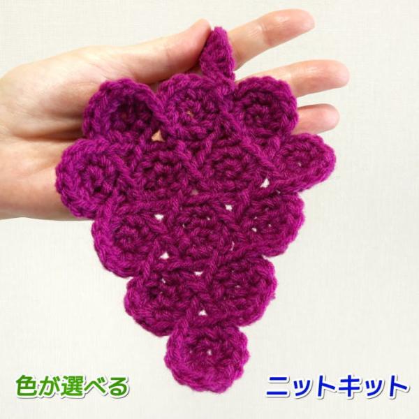 ●毛糸とテキストのみのキット販売です抗菌・防臭効果あり！安全性と耐久性のある銀イオン配合のアクリル毛糸カフェキッチンで編む平べったいぶどうのエコタワシのニットキット（編みものキット）毛糸と無料編み図付きの着分セットです小さなモチーフを編み繋...
