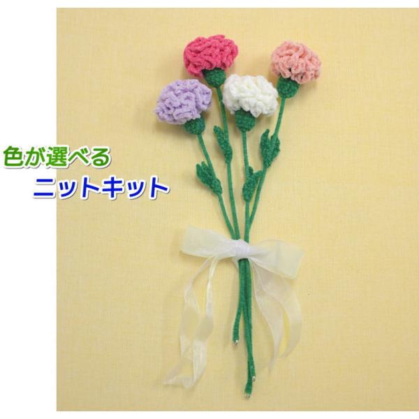 ●毛糸とテキスト、ワイヤーのキット販売です※手芸綿と両面テープはキットに含まれませんタナカトモユキさんデザイン！あみぐるみが編みたくなる糸で編むカーネーションのニットフラワーのニットキット（編みものキット）毛糸と無料編み図付きの着分セットで...