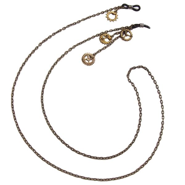【ティアーズヘブン　ハンドメイド】眼鏡の時に大活躍の『グラスコード』3個の歯車パーツがチェーンで揺れるハンドメイド左右違うアシンメトリーデザインアンティークゴールドのチェーンのスチームパンク系メガネチェーン【サイズ】全長　約70センチ【素材...