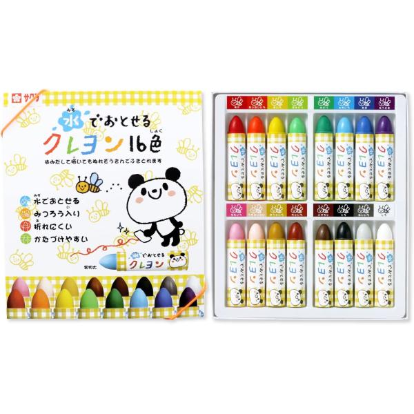 ＜商品説明＞力いっぱい握って描いても折れにくい太さです。手足や体についても水で洗えば容易に落とせます。持ち運ぶ時散らばりにくいゴム付ケースです。16色：黄色・橙色・薄橙・茶色・黄土色・こげ茶・赤・桃色・紫・水色・黄緑・緑・青・灰色・黒・白特...