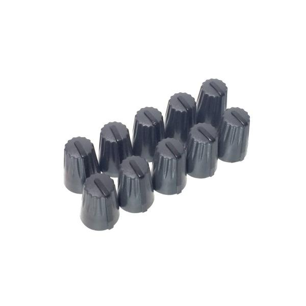 ミキサーのボリューム用ツマミ 10個セットボリュームの軸がD型で6mm径のもの用ベース色：ブラック、目盛色：ブラックサイズ：直径14mm、高さ20mm、軸穴までの深さが約5mmとなっております。紛失や破損してしまったツマミの交換用としてお使...