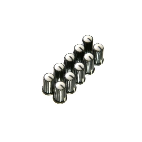 ミキサーのボリューム用ツマミ 10個セットボリュームの軸がD型（目盛角度270度）で6mm径のもの用ベース色：ブラック、トップ部の色：ホワイトサイズ：直径11.5mm、高さ19mm　目盛角度：270度紛失や破損してしまったツマミの交換用とし...