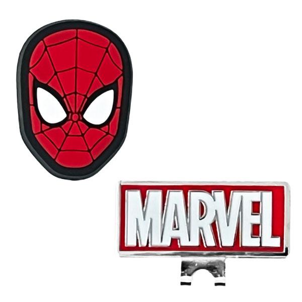 マーベルのスパイダーマンデザインのキャラクターゴルフマーカーキャップやサンバイザーにマグネットで取り付けられる土台付き素材：マーカー：塩化ビニル樹脂・磁石 台座：鉄サイズ：マーカー：約H36×W26mm台座：約H25×W40mm※モニターの...