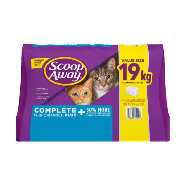 スクープアウェイ コンプリート パフォーマンスプラス 猫砂 19kg 香料タイプ商品の特徴◆活性炭50％増量、コストパフォーマンス向上！◆ガッチリ固まって崩れない◆10日間の消臭効果*◆砂埃が少なく飛び散りにくい※コストコ直送商品となります...