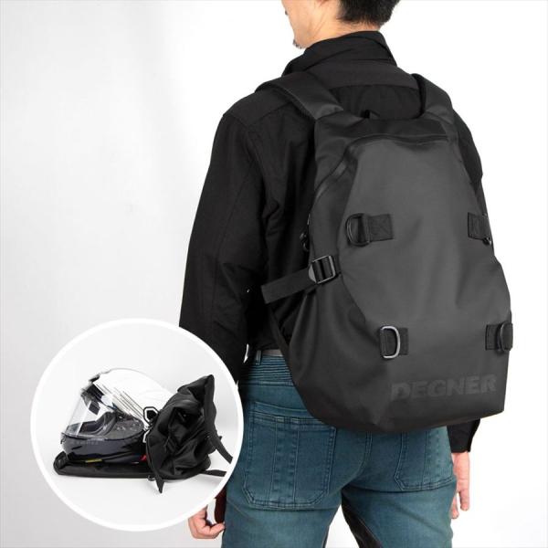 2パターンオープンで、ヘルメットもすっぽり収まるバックパック。荷物が落ちにくい上部オープン、大きく開いて収納ラクラクな背中オープンの使い分けが可能。ヘルメットバッグとしても使える、たっぷり容量25L。シンプルでリーズナブルながら、Dカンやリ...