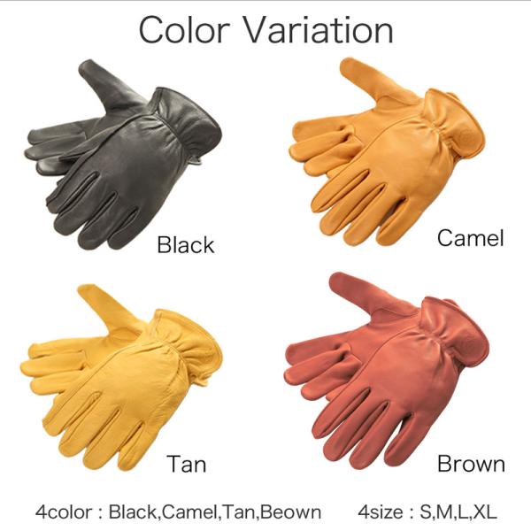 品　番：WL962カラー：ブラック、キャメル、タン、ブラウン素　材：DEER SKIN（洗える鹿革）サイズ：S、M、L、XL注意点■ご使用時の注意点■・同じ製品であってもそのシワやヒビの入り方にはそれぞれ個体差があり、またその革固有のキズ・...